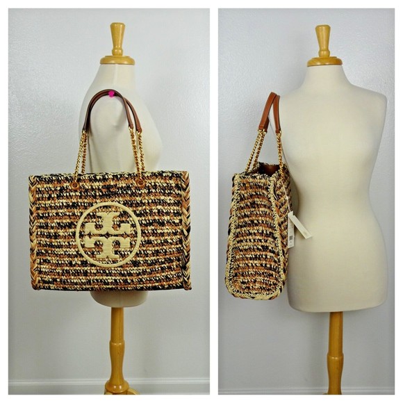 Tory Burch | Bags | Tory Burch Ella Raffia Chain Tote Natural Woven Detachable Pouch Straw Bag ...